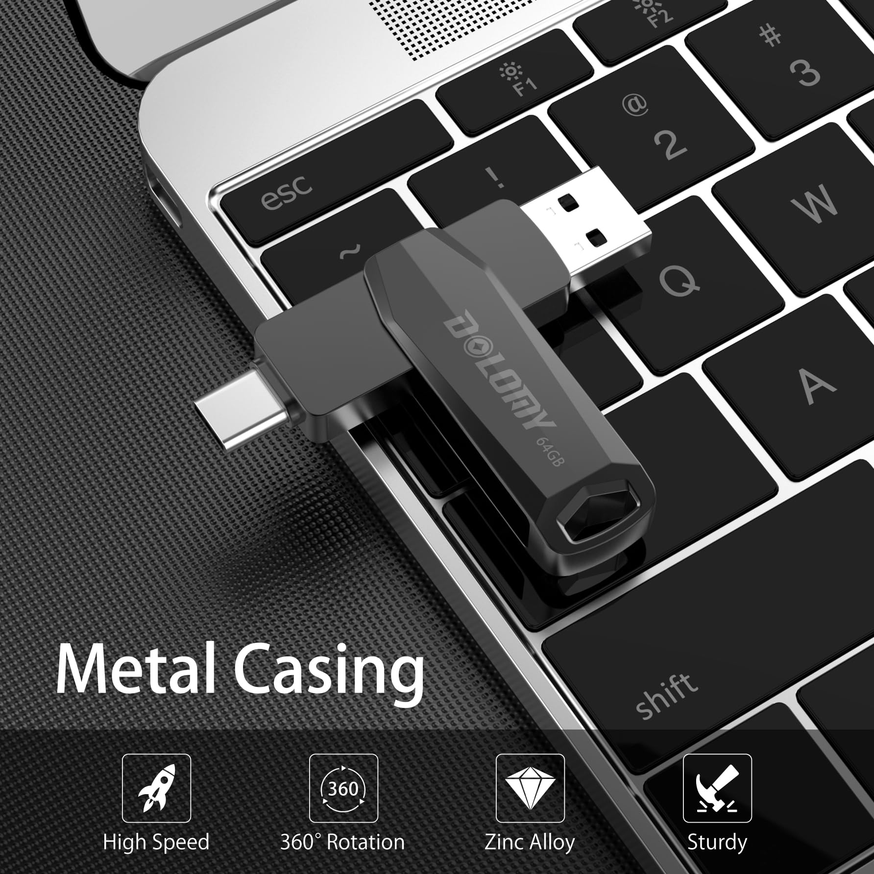 USB C Flash Drive, Dolomy 64GB USB C Thumb Drive, 2 in 1 OTG USB 3.1 Metal USB C Memory Stick Compatible with MacBook Pro Air, Type C Smartphones, Tablets