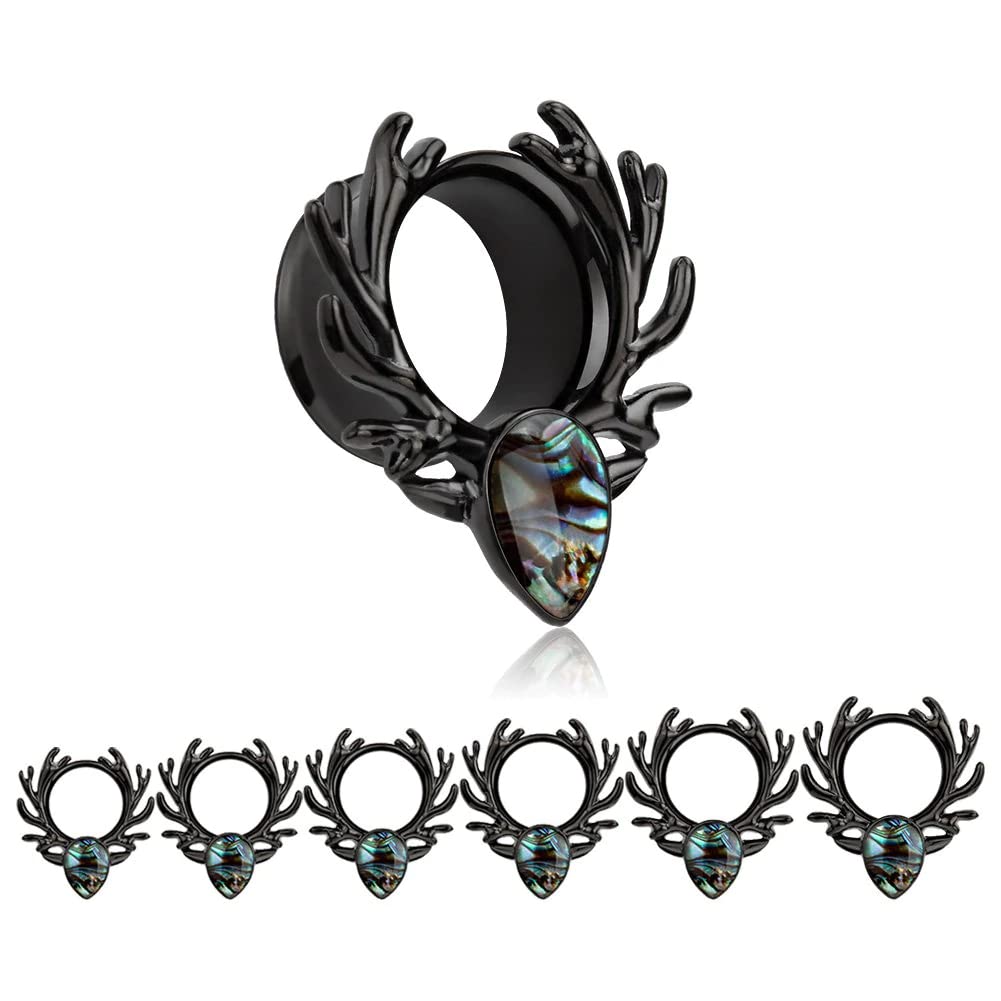 KUBOOZ(1 Pair Black Sea-shell Forest Antlers Slivery Opal Ear Plugs Tunnels Gauges Stretcher Piercings