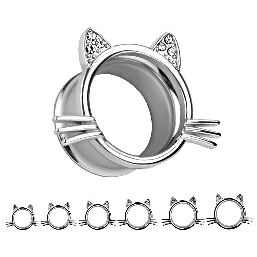 KUBOOZ(1 Pair Cute Slivery Kitten Ear Plugs Tunnels Gauges Stretcher Piercings