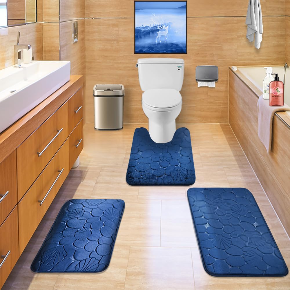 Navy Blue Memory Foam Bathroom Rugs Sets 3 Piece with Rubber Backed Non Slip Washable Bath Mat Set Include Toilet Rugs U Shaped and 2 Bathroom Floor Mat