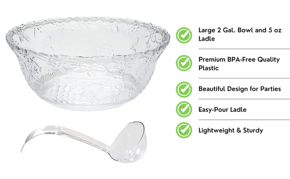 Premium Punch Bowl With Ladle Includes 8 Quart Serving Bowl With 5 oz serving ladle | Heavyweight Floral Embroidered Design | BPA Free Plastic | Punch Bowl Set 2 Gallons Large Punch Bowl for parties