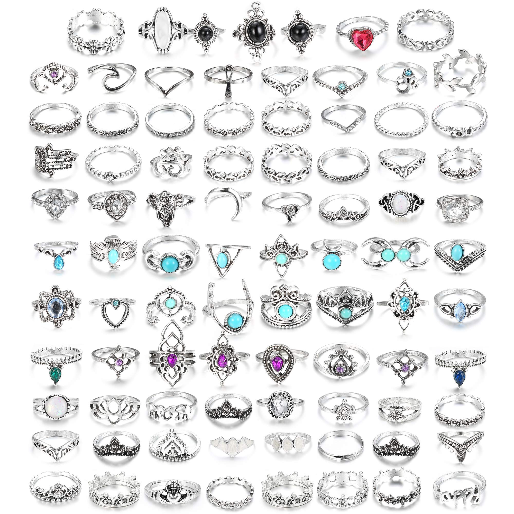 LOLIAS 84 Pcs Vintage Knuckle Ring Set for Women Stackable Rings Set Hollow Carved Flowers (D:84 Pcs a Set)