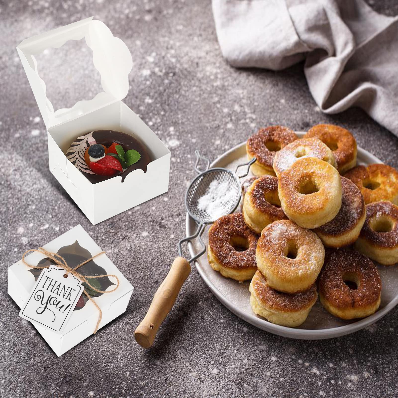 KPOSIYA 60 Pcs White Bakery Boxes with Window 4x4x2.5 Inches Cookie Boxes Kraft Paper White Gift Box for Pastries, Cookies, Pie, Donuts, Macaron, Small Box with Twine and Thank You Tag(White,60)