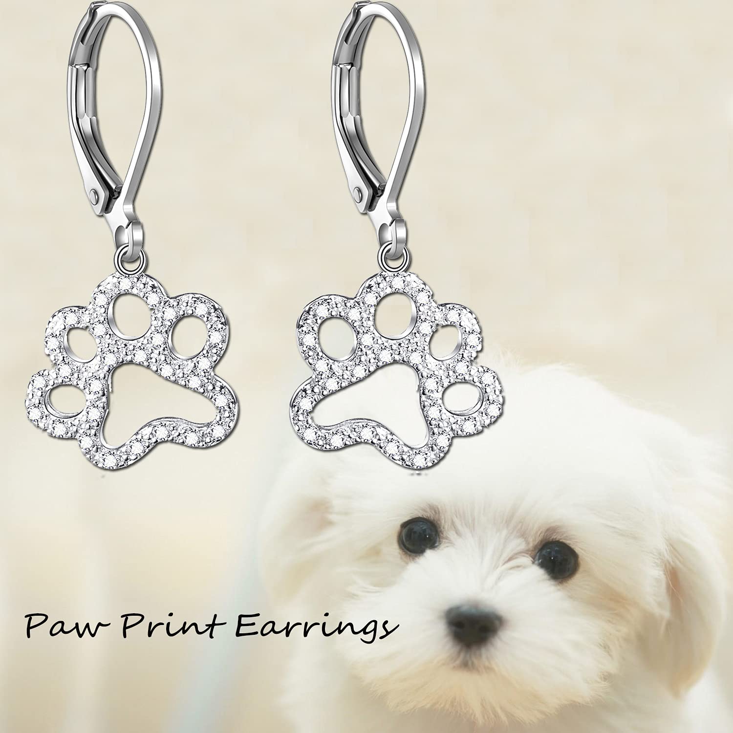 Paw Print Earrings Sterling Silver Leverback Dog Paw Earrings Puppy Paw Drop Dangle Earring for Women