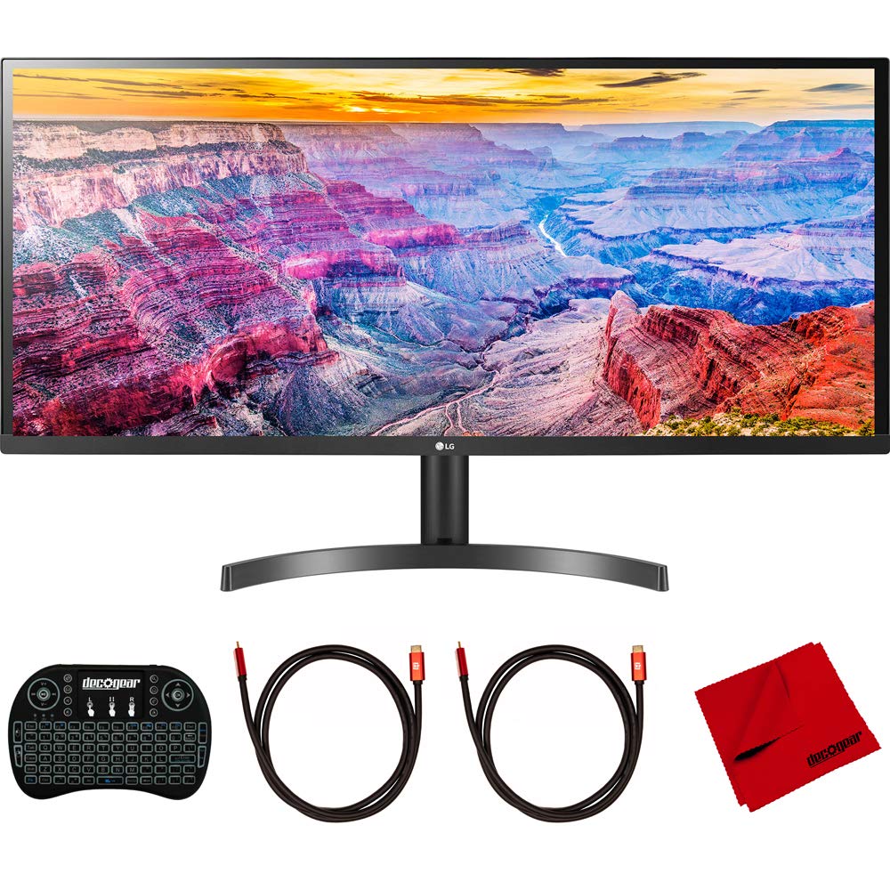 LG 34WL600-B 34 inch UltraWide IPS FreeSync LED Monitor 2560 x 1080 21:9 Bundle with Deco Gear 2.4GHz Wireless Backlit Keyboard, 2X 6FT Universal 4K HDMI 2.0 Cable and Cleaning Cloth