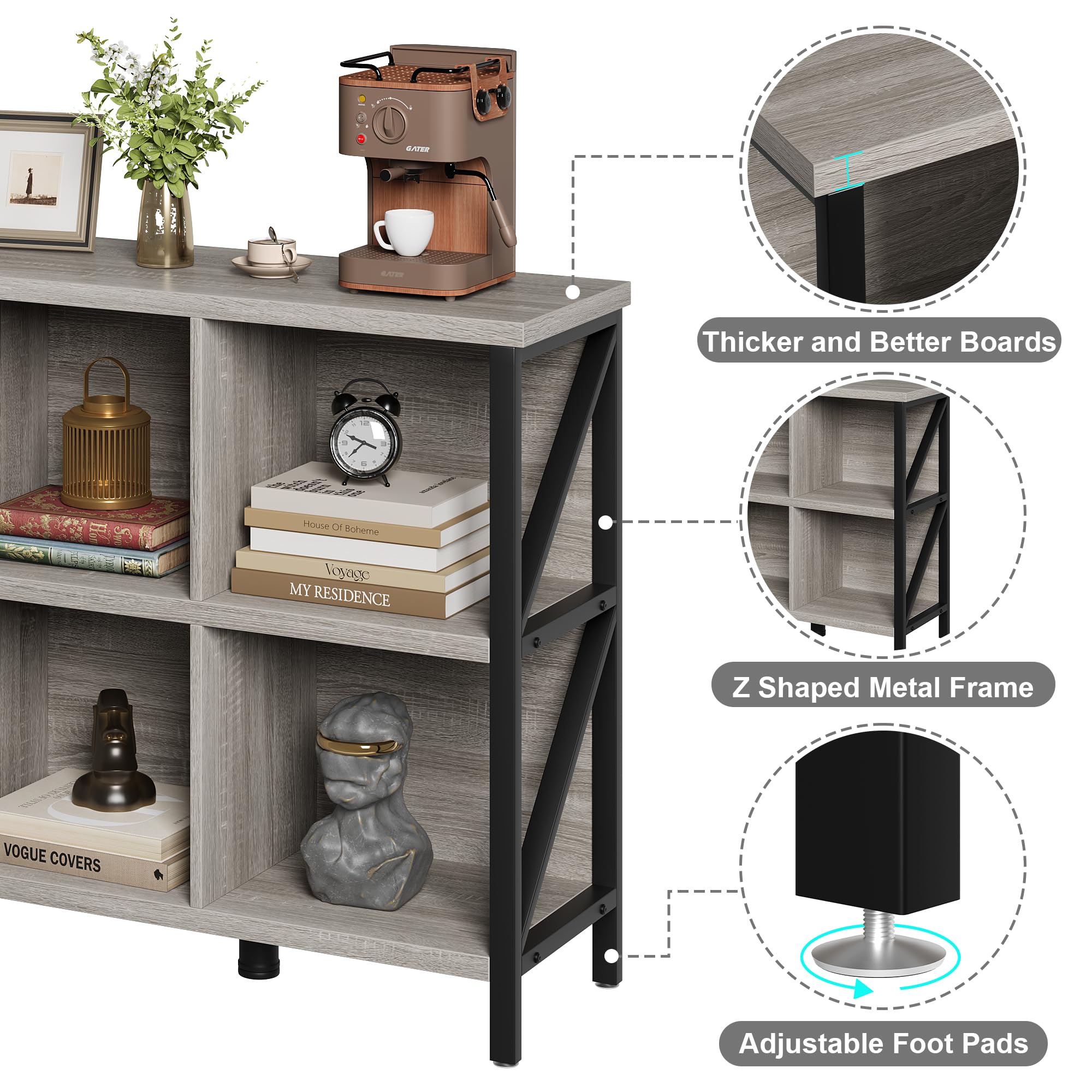 Wpond 6 Cube Storage Organizer, Industrial Horizontal Bookshelf with Metal Frame, Thick Wooden Low & Long Bookshelf for Living Room/Office/Bedroom - Rustic Brown