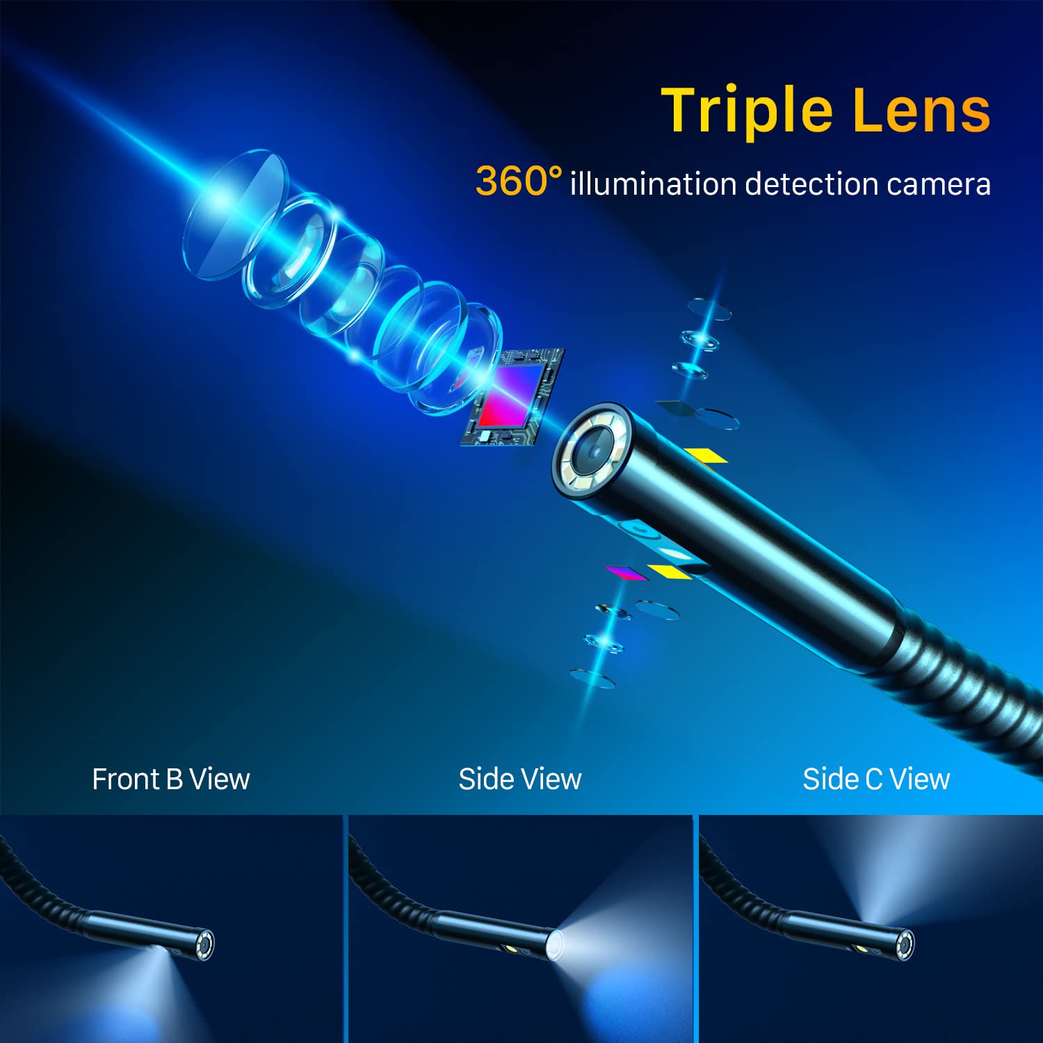 Triple Lens Borescope, FOXOLA Endoscope Camera with Light, 5" Digital Video Industrial Inspection Camera,16.4FT Waterproof Semi-Rigid Snake Camera,Tool for Home/Pipe/Automotive,With 32GB Card and Case