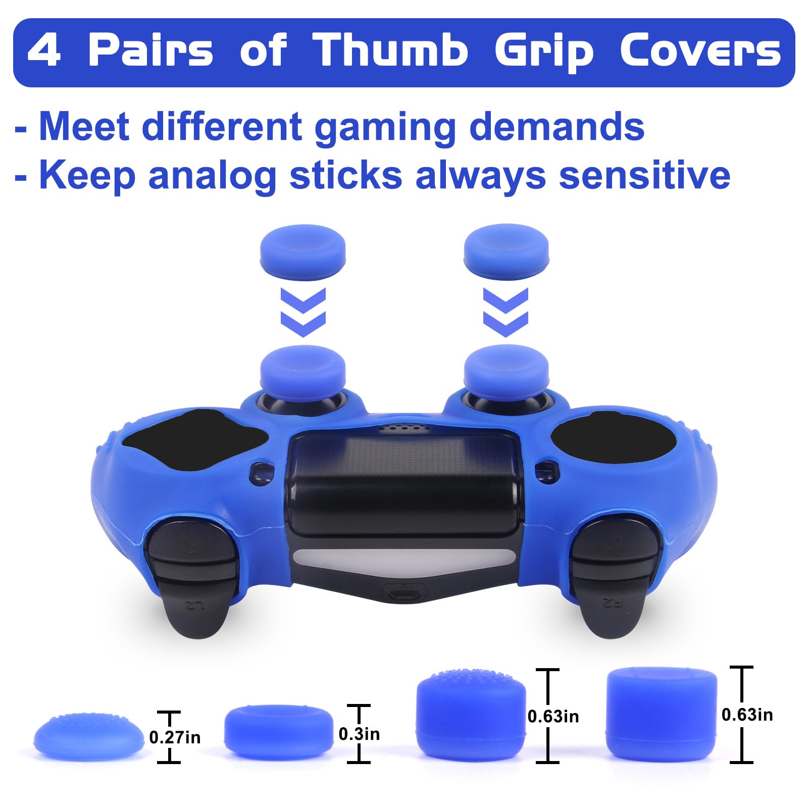 Silicone Cover Compatible with PS4 Controller, Anti-Slip Silicone Controller Skins Protector Compatible with /PS4 Slim/PS4 Pro Controller with 4 Pairs of Thumb Grips, 1Pieces Blue