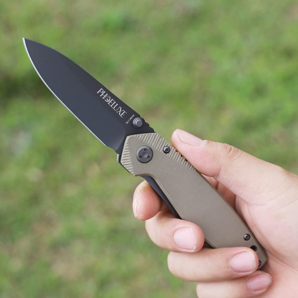 PHOELUXE Pocket Folding Knife –EDC Knife,Tactical Knife,Hunting Knife. Primrose Yellow G10 Handle 8Cr14Mov Blade. Thumb stud Assisted Opening Knifes with Liner Lock and Pocket Clip. Good for Hiking,Indoor,Camping and Outdoor Activities