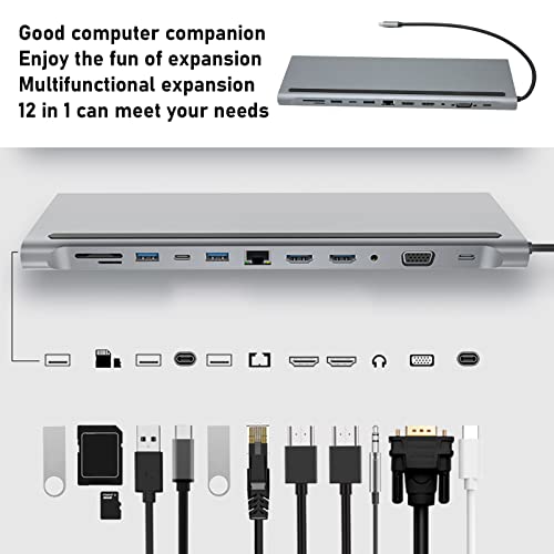 USB C Hub Hdmi Adapter, 12 in 1 USB-c Splitter Laptop Docking Station USB C to Ethernet Multiport Hub with USB Rj45 Vga Card Reader 3.5mm Audio