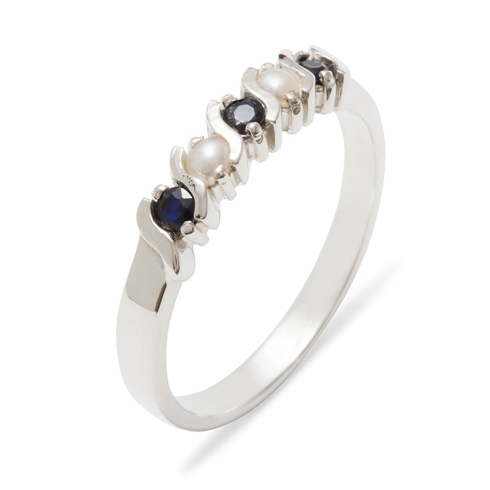 LetsBuyGold Solid 925 Sterling Silver Real Genuine Sapphire & Cultured Pearl Womens Eternity Band Ring - 7 - Size 7