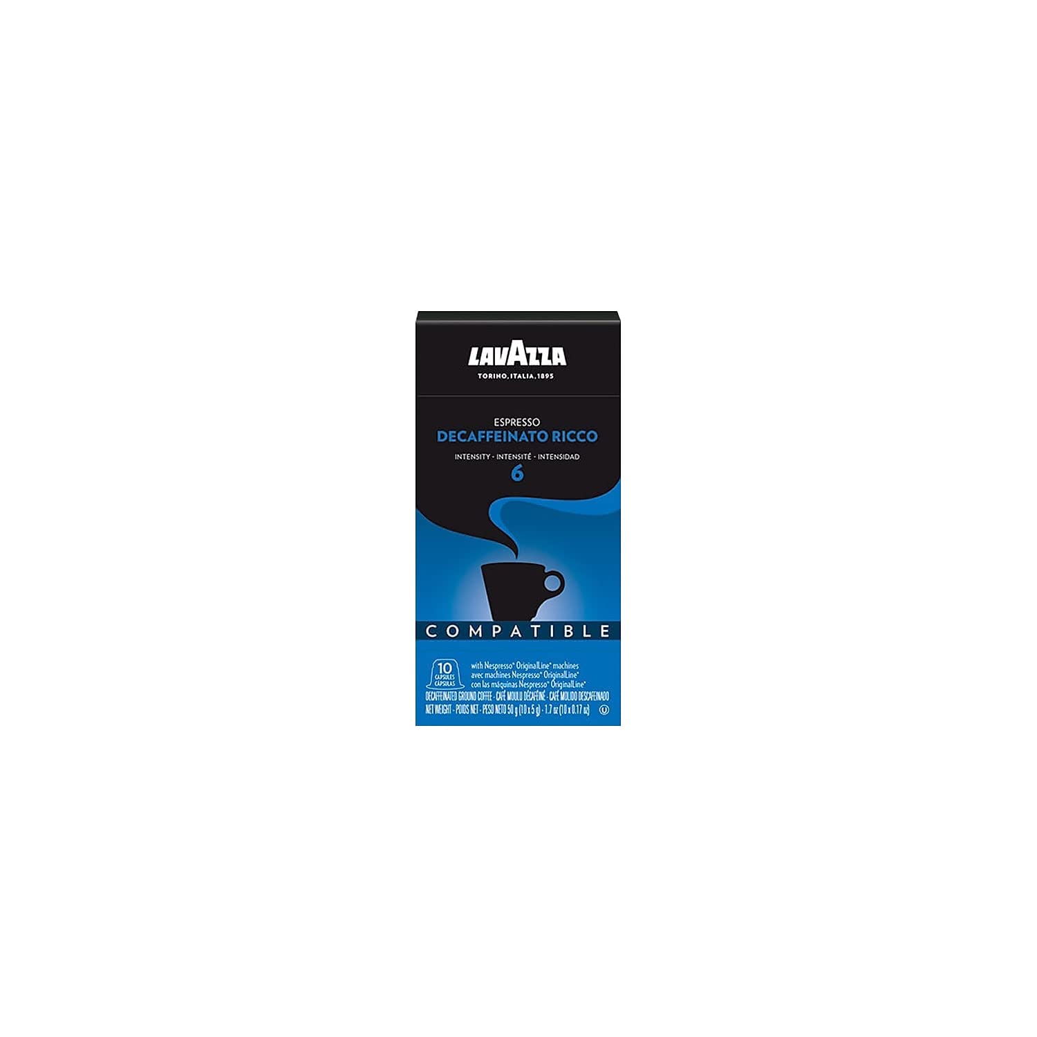 Lavazza Premium Coffee Corp Nespresso OriginalLine Compatible Capsules, Espresso Decaffeinato Ricco, Dark Roast Coffee, 10 Ct