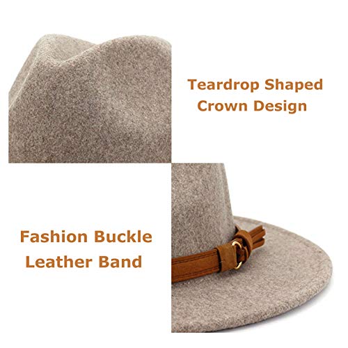 Lisianthus Womens Classic Wool Fedora with Belt Buckle Wide Brim Panama Hat A Brown Buckle-A Oatmeal