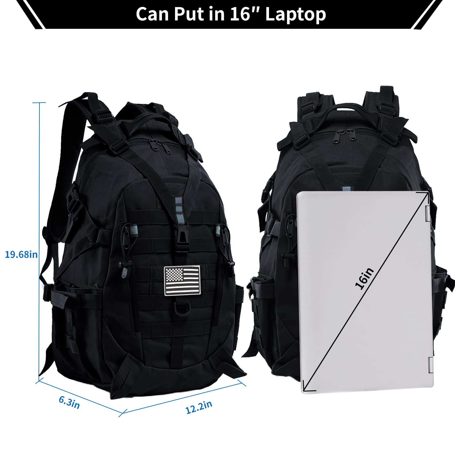 Jueachy Tactical Backpack for Men Hunting Backpack EDC Rucksack Military Hiking Camping Daypack with USA Flag Patch