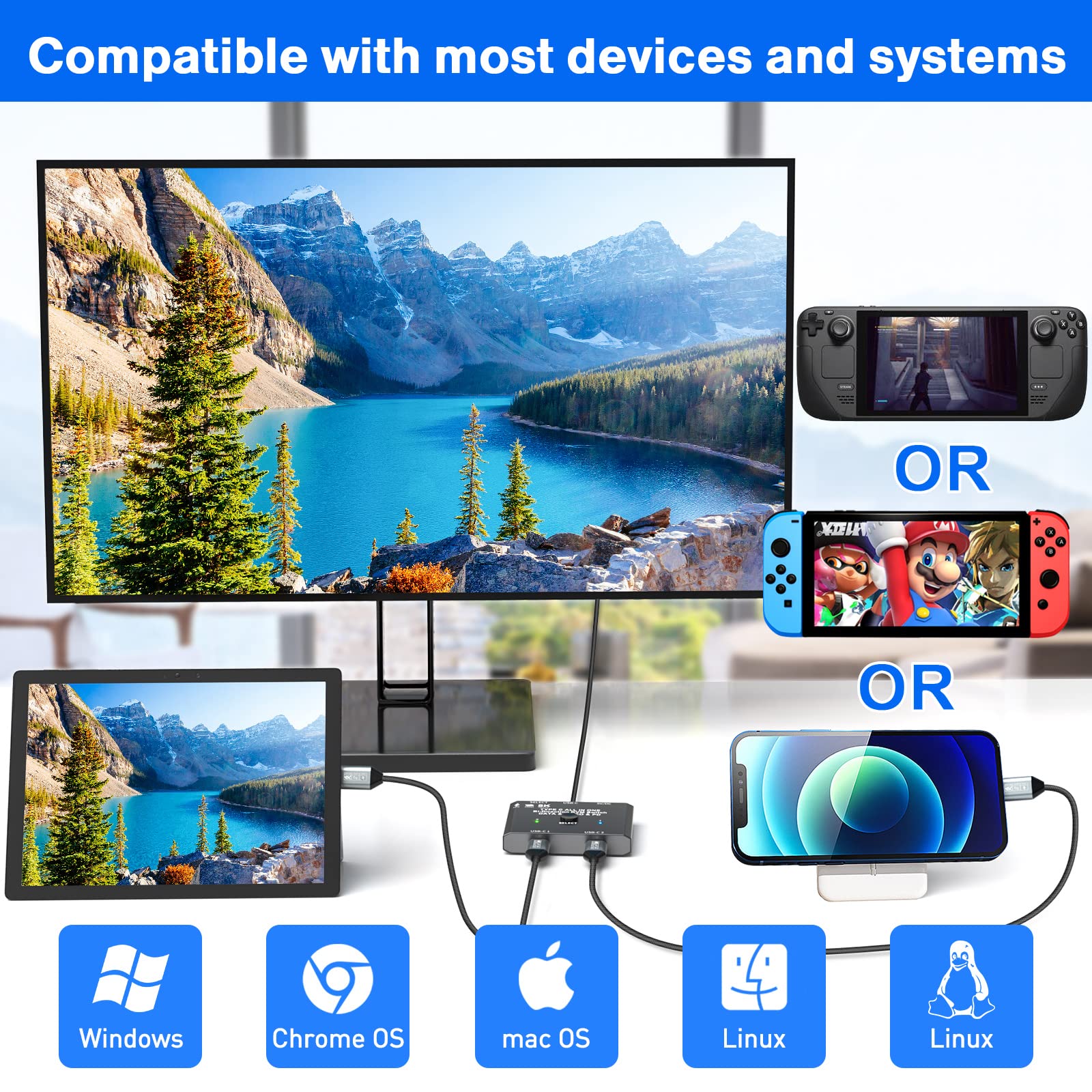 USB-C Switch,Bi-Directional USB C Switcher 2 in 1 Out/1 in 2 Out Type C KVM Switch Supports 8K@60Hz,4K@120Hz Video / 10Gbps Data Transfer/ 100w Power Delivery Compatible with Thunderbolt Device