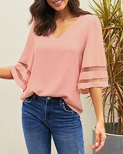 LookbookStore Women's V Neck Mesh Panel Blouse 3/4 Bell Sleeve Loose Top Shirt Pink Size Medium