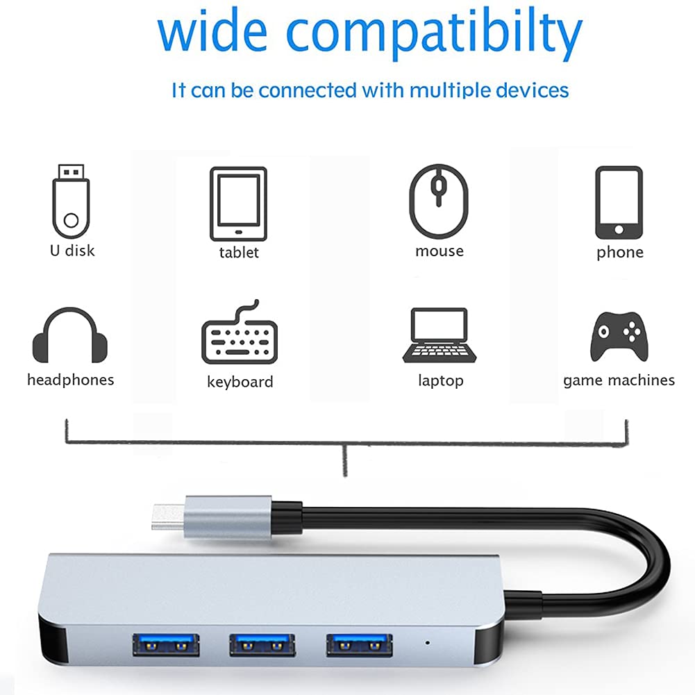 USB C Hub USB 3.0 Slim Aluminumshell Type C to 4-Port USB 3.0 Adapter, High Speed USB Splitter Compatible with MacBook Air, Mac Pro/Mini, iMac, XPS, PS5, Xbox One, Flash Drive, Mobile HDD
