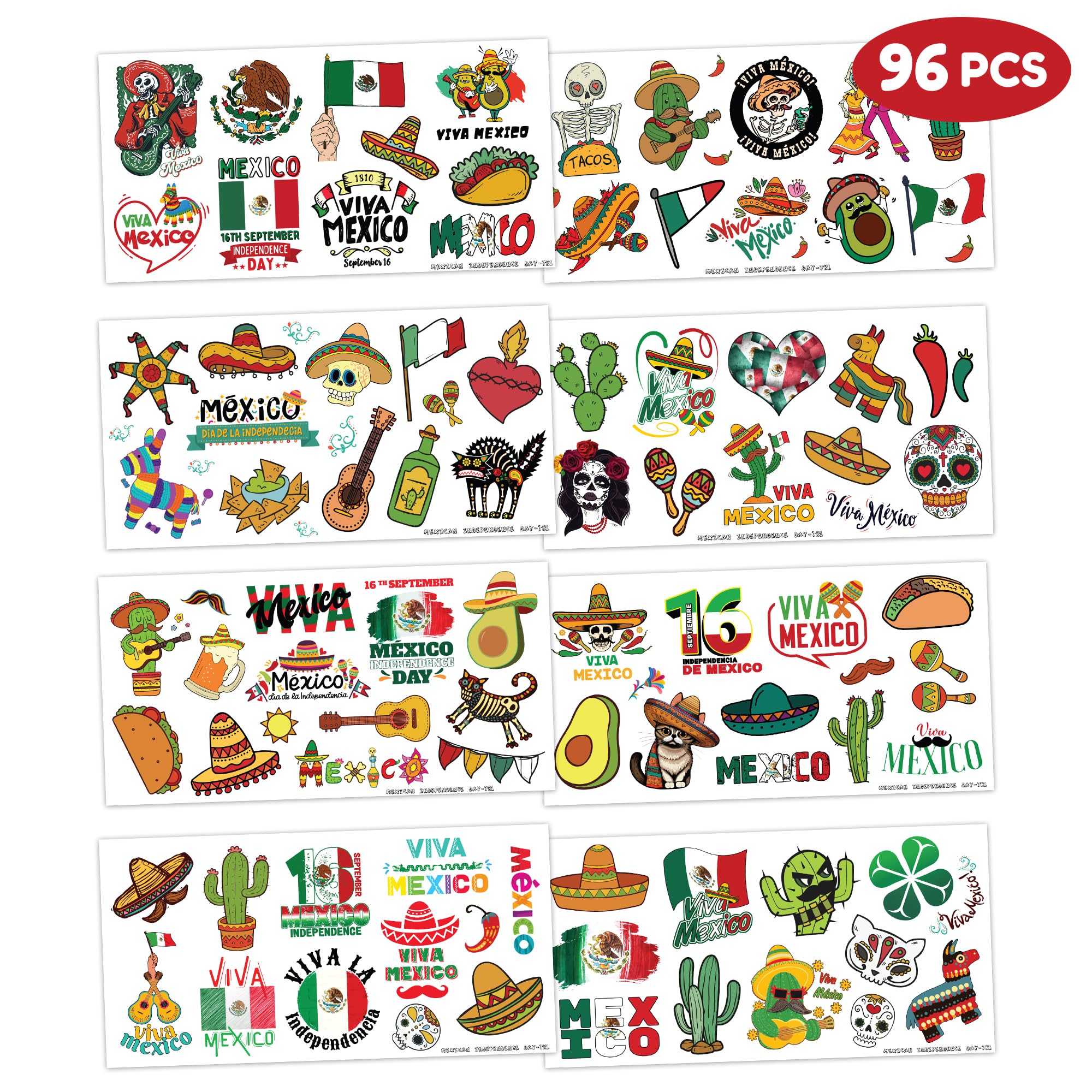 Mexican Temporary Tattoos Mexican Independence Day Sticker Mexican Flag for Kids Adults Themed Decorations Party Favors Supplies 96PCS Tattoo Mexico Boys Girls Gifts Ideal School Prizes Holiday