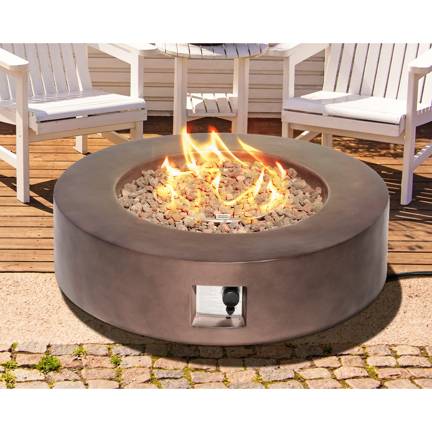 Koncemel Outdoor Propane Fire Pit Table, 42 inch 50,000 BTU Round Gas Fire Table, Cast Concrete Design w Lava Rocks,Waterproof Cover, Ideal Patio Furniture