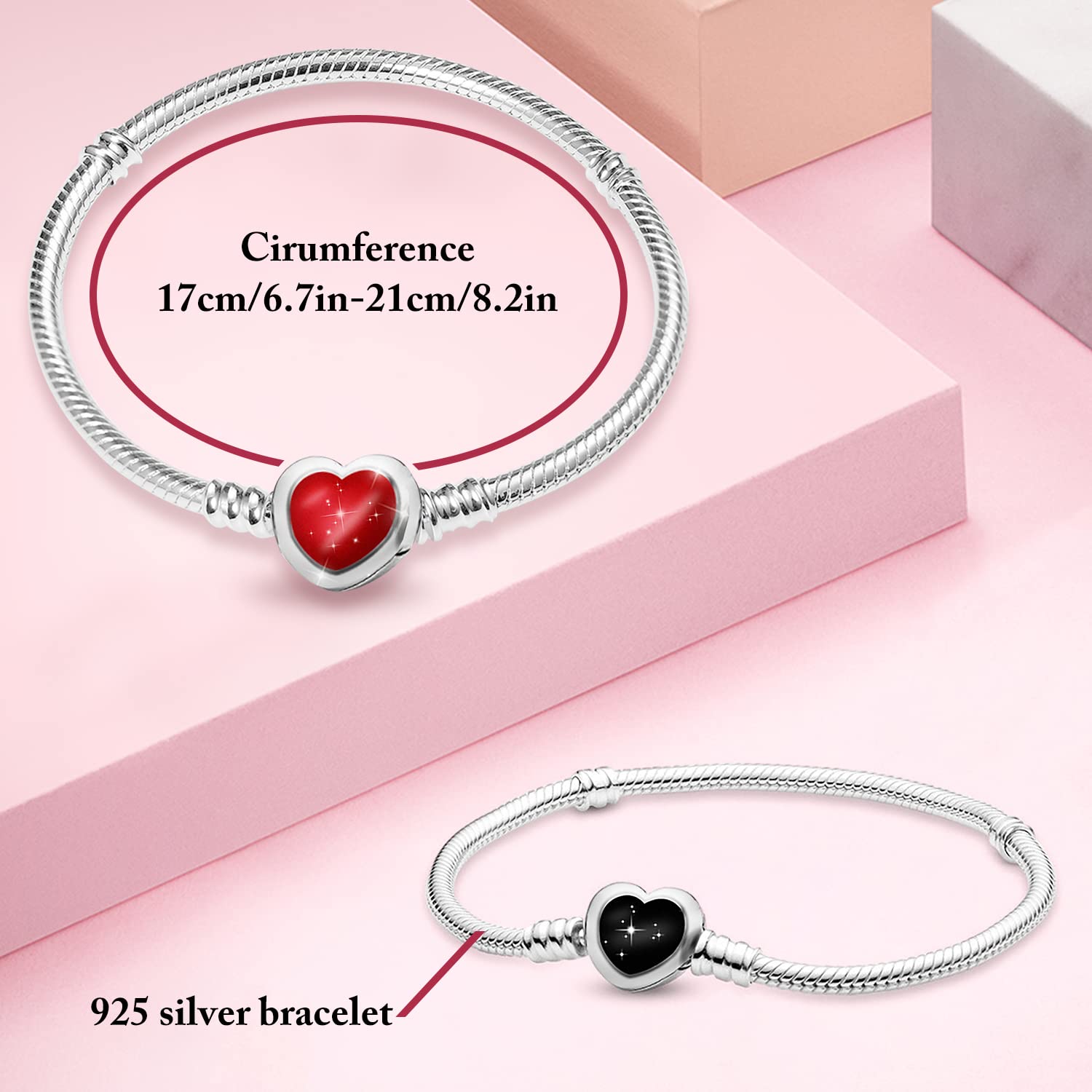 PICKBEAU 925 Sterling Silver Heart Clasp Snake Chain Bracelet for Women Gift-7.9IN