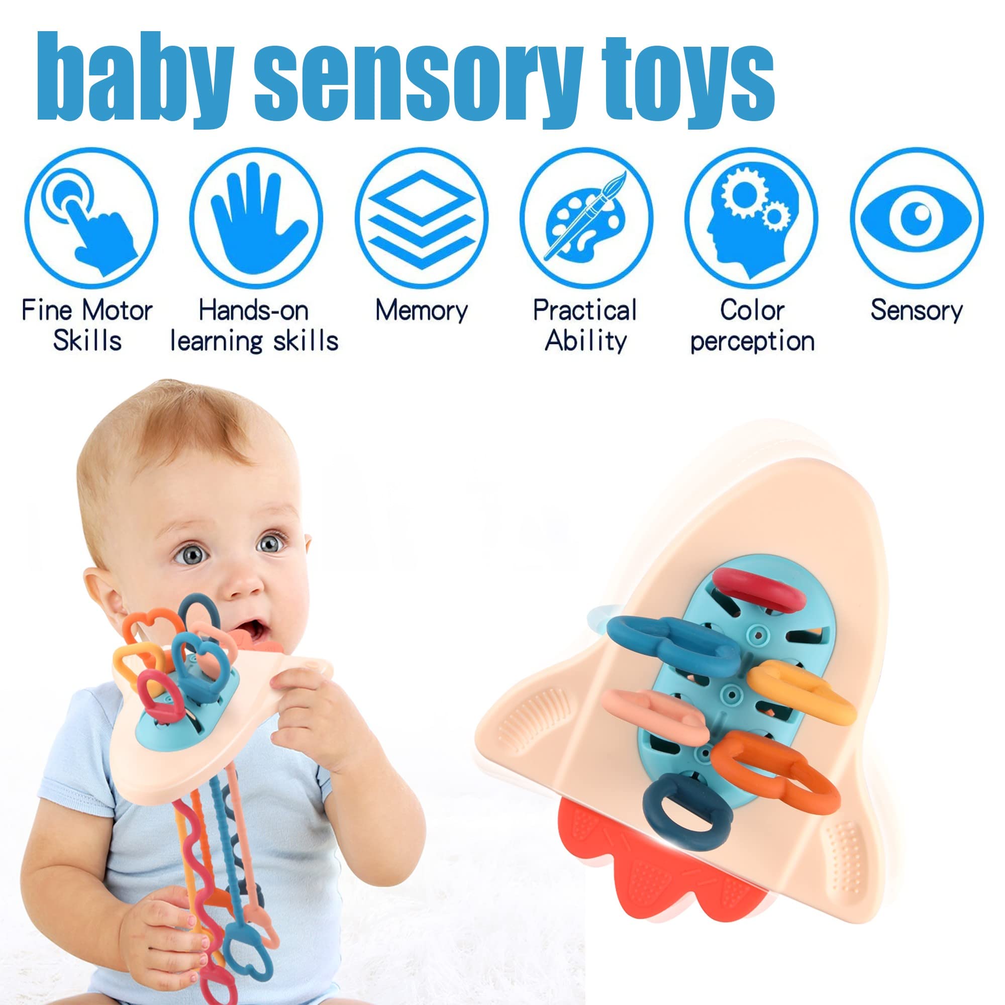 Silicone Pull String Interactive Toy, New 3-in-1 Teething Teether, Rattles ,Silicone Toys, Hidden Surprise Toys for Kids,Toys for Boys/Girls/Toddlers/Baby Age 18 M+