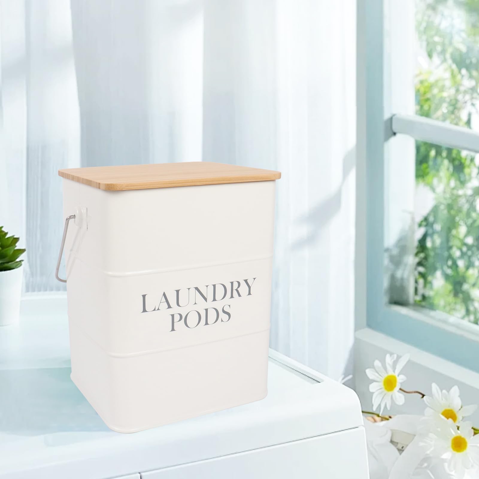 Xbopetda Laundry Pods Container, Metal Laundry Pod Holder with Bamboo Lid, Laundry Detergent Capsules Pods Storage with Scoop for Laundry Room Organization and Storage, Modern Farmhouse Decor, White