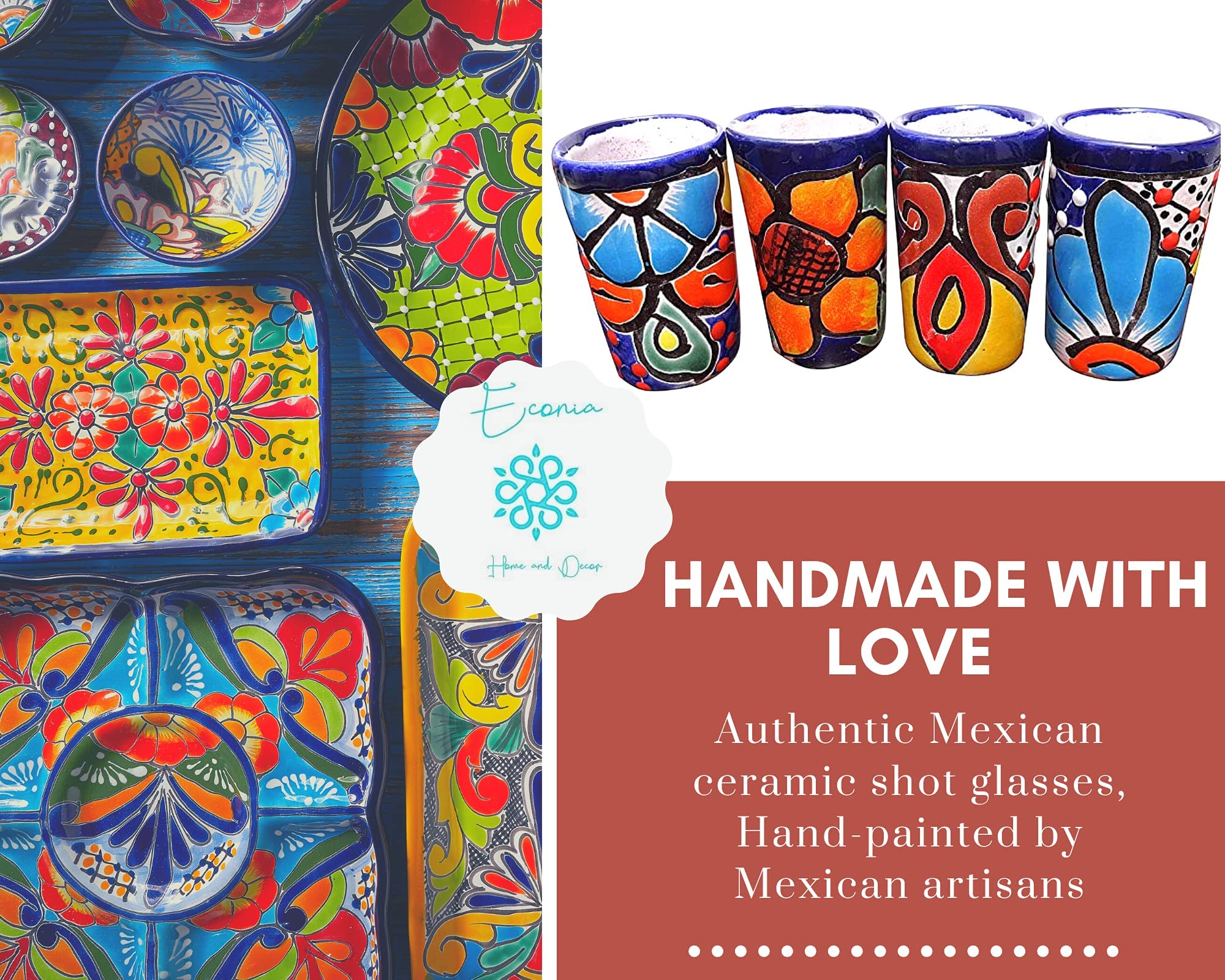 MEXTEQUIL - Talavera Shot Glasses Set of 4 Authentic Mexican Tequila Shot Glasses - Hand-painted - 2 Oz (Flowers)