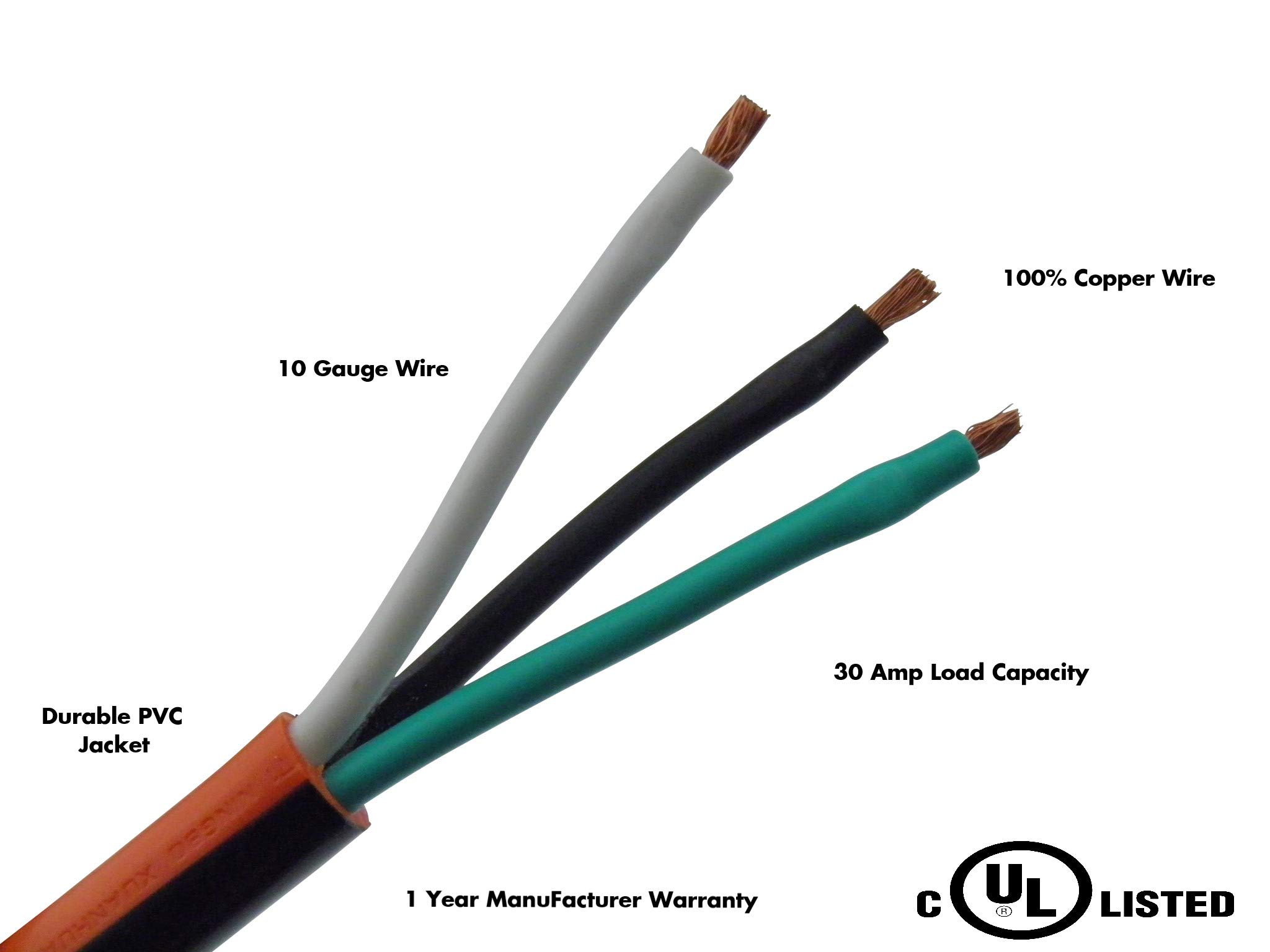 Nema L5-30 Generator Power Cord 3 Wire 10 Gauge 125v 30 Amp (Pigtail Adapter L5-30P to 5-15R)