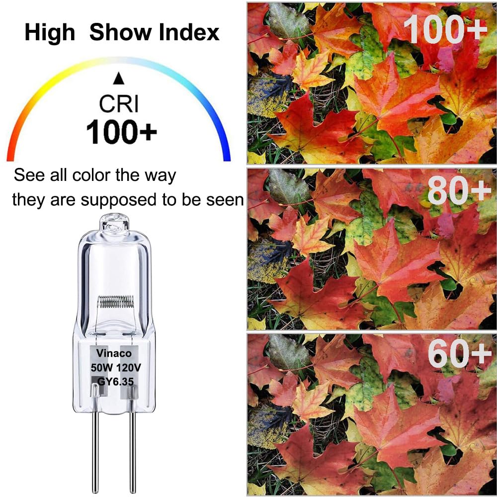 Vinaco GY6.35 Halogen Bulb, 10 Pack 50W 120V T4 GY6.35 Bi-Pin Base Clear Halogen Bulb, GY6.35 Bulb Dimmable with 2800K Warm White, T4 GY6.35 120V 50W for Pendant Light, Microwave Oven, Table Lamp