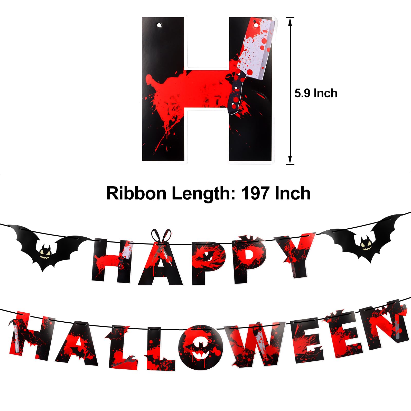 MiniRed Halloween Banner, Happy Halloween Bunting Banner with Bats, Premium Horror Halloween Party Decorations Supplies (With 12PCS 3D Bat Stickers)