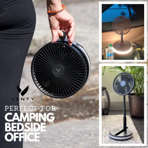 VENTY Original Portable Fan - Wireless Battery Operated Fan With 4 Speeds, Remote Control, Oscillation, & LED Lighting, Travel Rechargeable Fan & Power Bank USB-C Ports, Camping Fan (White with Case)