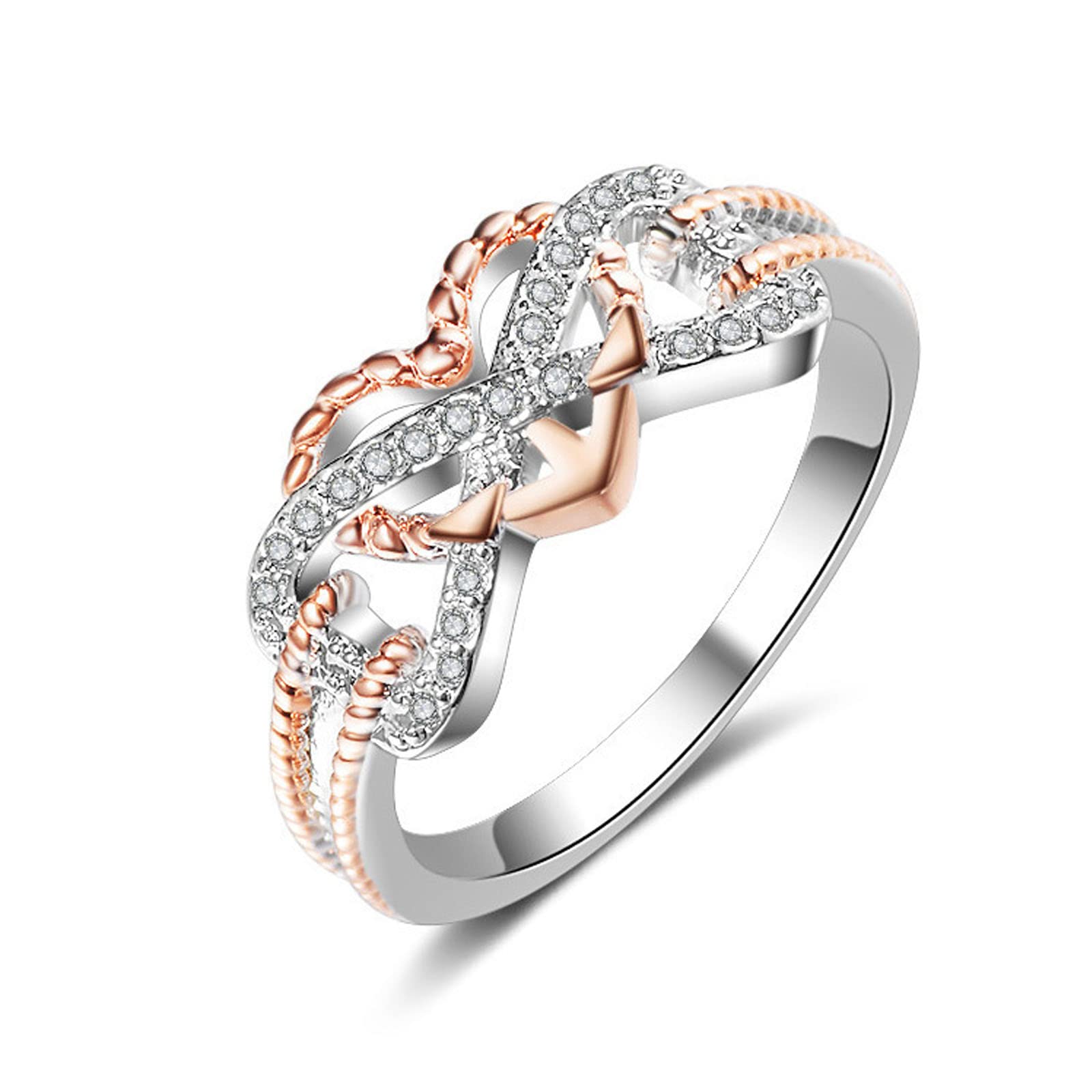 Rose Gold Heart Ring, Two Tone Interlocking Heart Infinity Anchor Rope Promise Ring for Woman, Alloy Materials Size 9