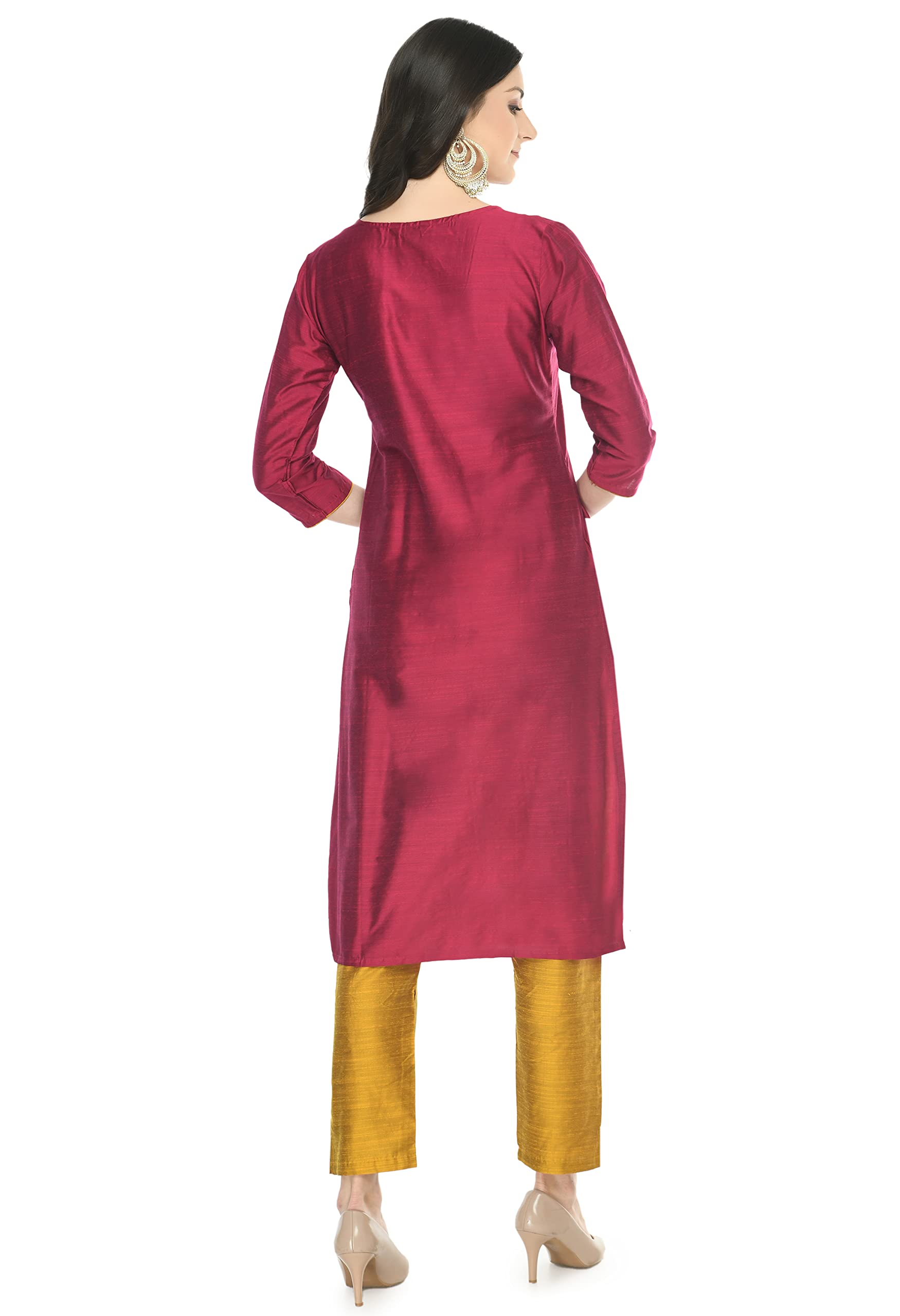 Lagi Women Straight Embroiderd Poly Silk Kurti Dupatta with Pant Set, Magenta (XL)