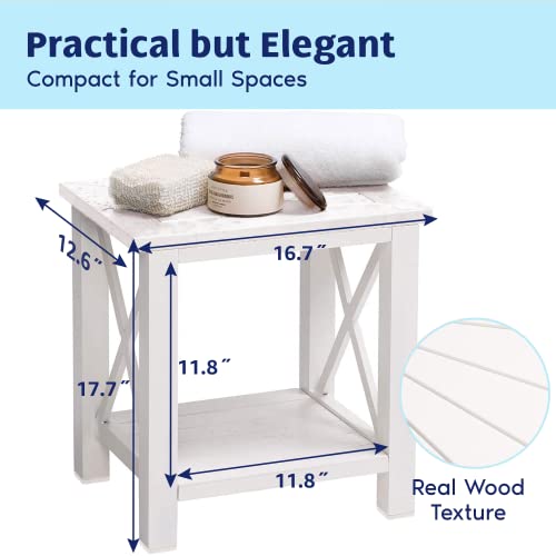Shower Bench Waterproof - Bathroom Stool with Storage Shelf - Wood Style Bathroom Bench - Small Shower Stool for Shaving Legs - Non-Slip Adjustable Feet - Shower Seat Doubles as a Corner Shower Stool