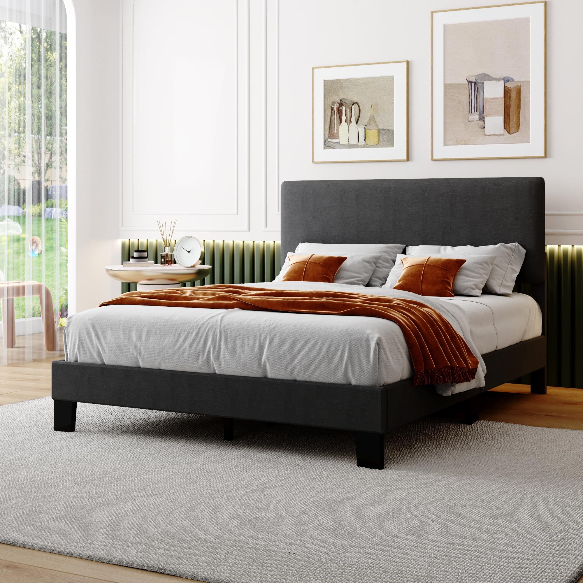 Lifezone King Bed Frame with Headboard,Linen Upholstered Bed Frame with Wood Slats Support,No Box Spring Needed,Heavy Duty Feet,Easy Assembly,Dark Grey