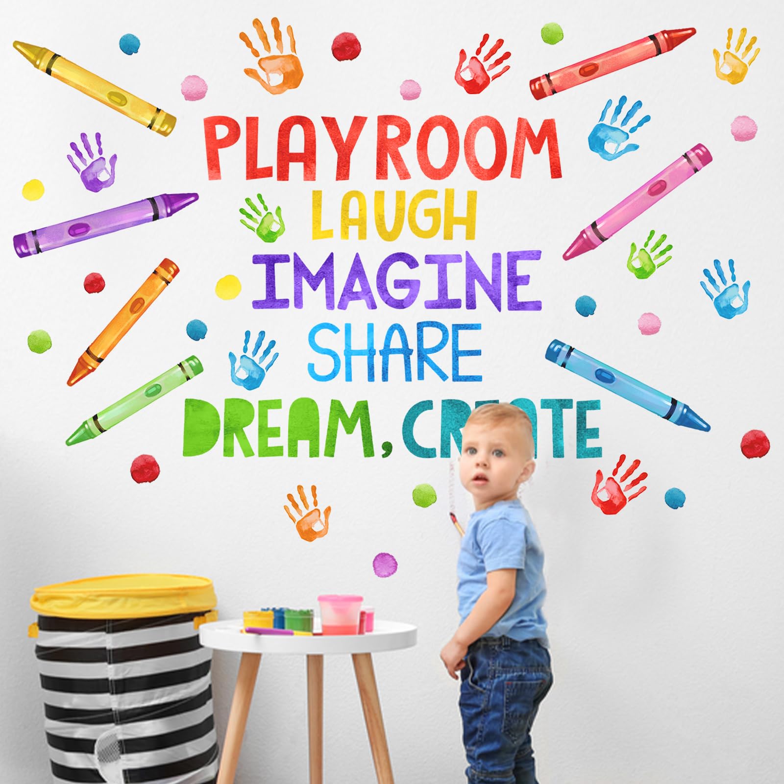 Mfault Playroom Wall Decals Stickers, Crayon Handprint Polka Dots Inspirational Quote Nursery Decorations Daycare Art, Laugh Imagine Share Dream Create Toddler Kids Room Bedroom School Classroom Decor