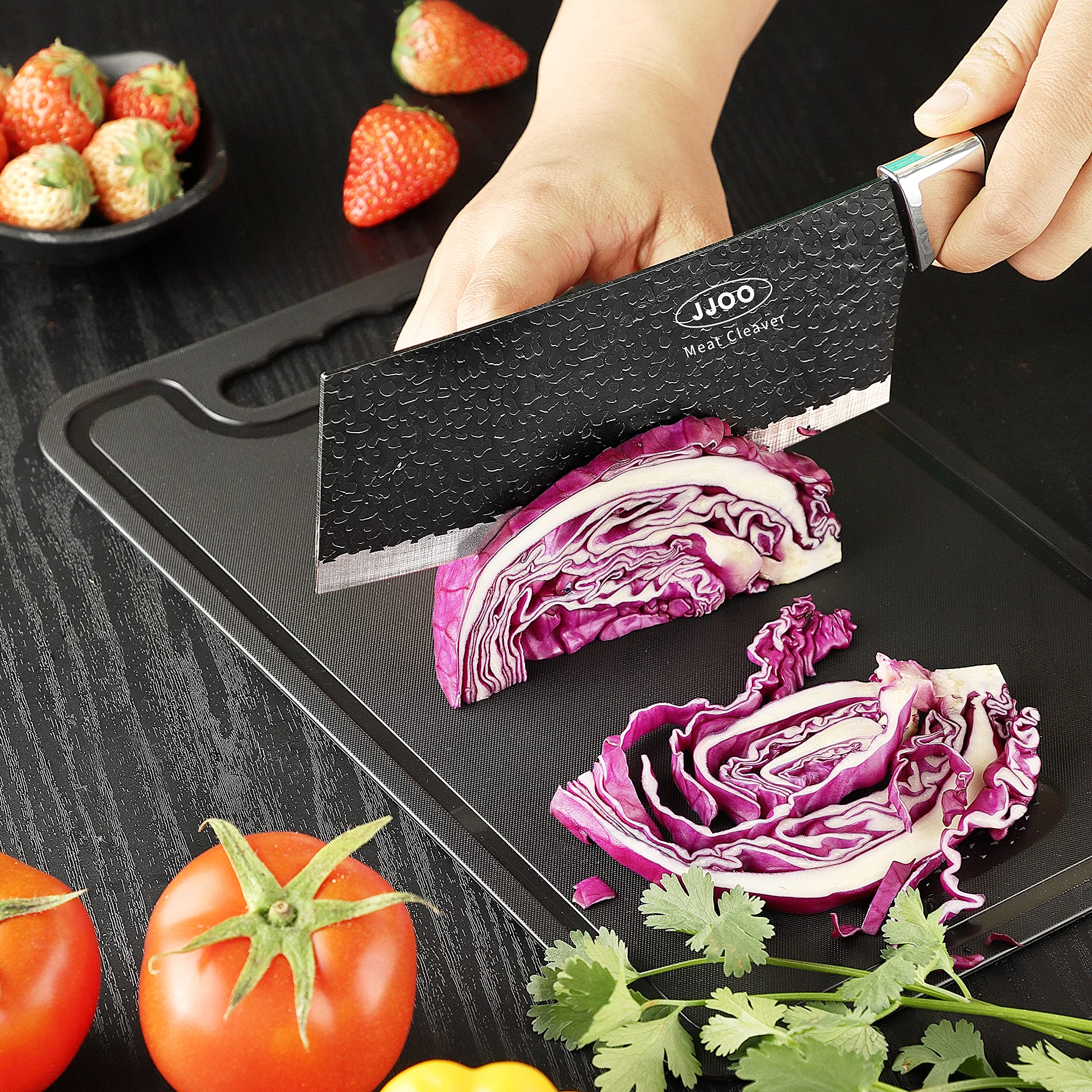Knife Set, JJOO 7PCS German Stainless Steel Kitchen Knife Block Sets, includes Meat Cleaver, Chef Knife, Paring Knife, Kitchen Shears, Peeler, Cutting Board and Knife Block