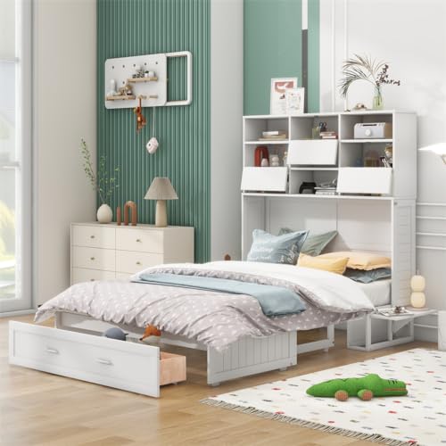Lekaywe Murphy Bed Queen Size,with Bookcase, Bedside Shelves and a Big Drawer, for Bedroom,White