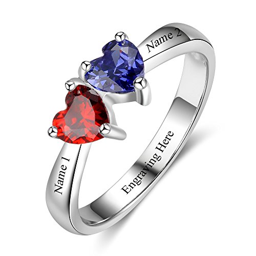 Nauchild Personalized Womens Ring with 2 Heart Shape Birthstones and 2 Names 925 Sterling Silver Rings for Mother/Wife (7)