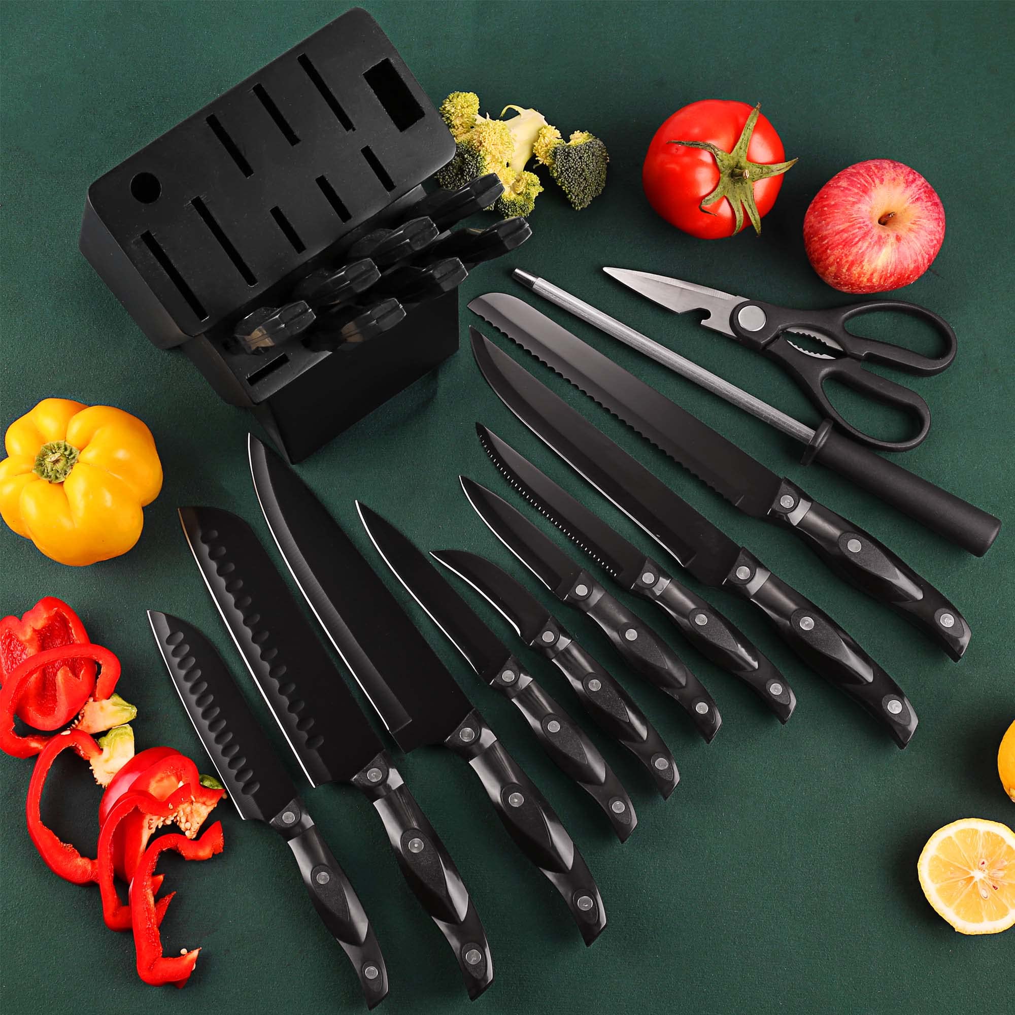 Knife Set,19 Pieces Kitchen Knife Set with Wooden Block,High Carbon Stainless Steel Knife Block Set,Ultra Sharp, Full-Tang Design with Black Coating