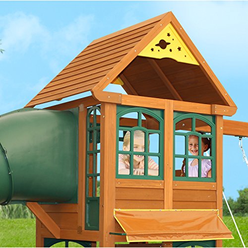 KidKraft Cloverdale Wood Swing Set/Playset with Slide, Rock Wall, Glider and Swings,Gift for Ages 3-10