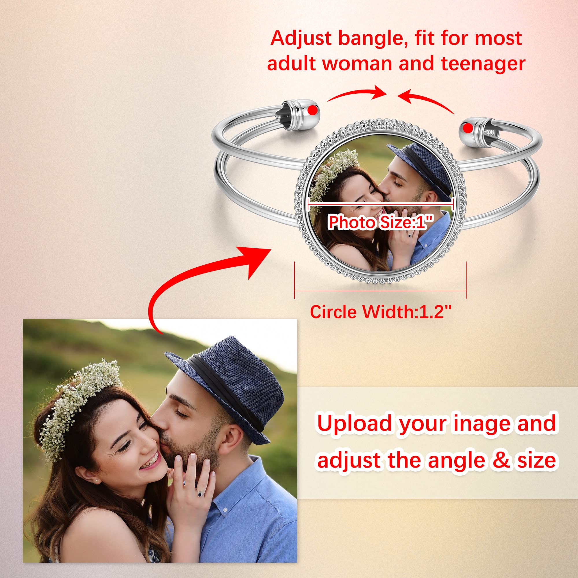 Personalized Master Custom Photo Cuff Bracelet for Women Adjustable Personalized Picture Bangle Bracelets for Girls Birthday Valentine's Day Gifts Silver