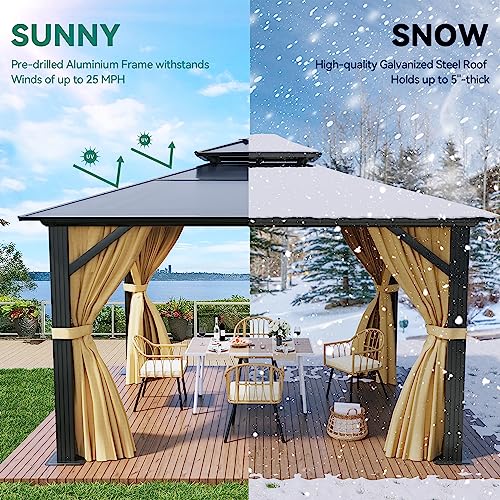 YITAHOME 12x12FT Gazebo Hard-Top Double Roof Canopy Outdoor with Netting and Shaded Curtains, Aluminum Frame Polycarbonate Hardtop Garden Tent for Patio, Backyard, Deck and Lawns, Brown
