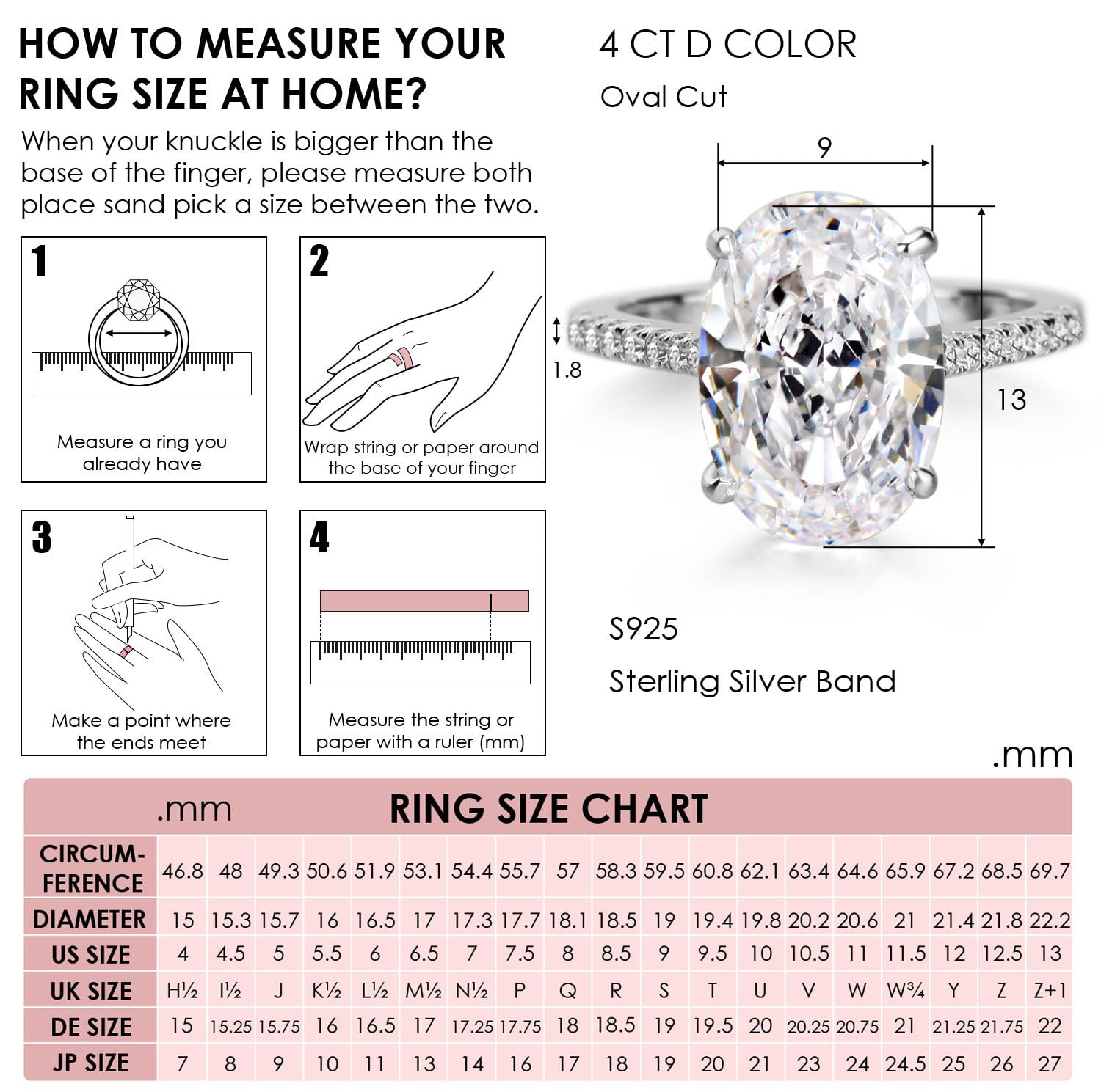 Michooyel Oval Cut 4ct Engagement Ring Sterling Silver Cubic Zirconia Rhodium Plated Solitaire Women‘s Ring Wedding Ring Promise Ring Wedding Band