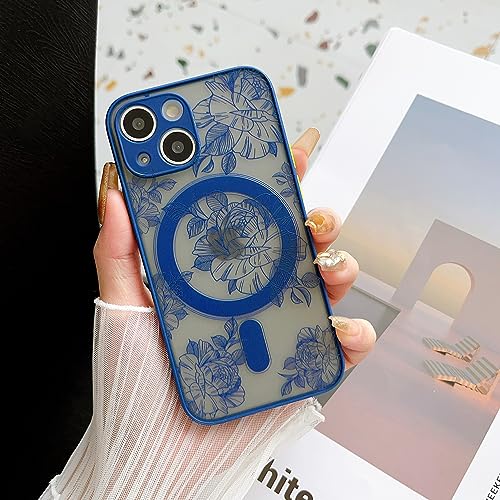 Skyseaco for iPhone 13 Mini Case Compatible with MagSafe for Black Frosted PC Back Protector Flower Shockproof Purple Floral Blooms Design Protective Women Girls Phone Case - Flower Blooms/Dark Blue