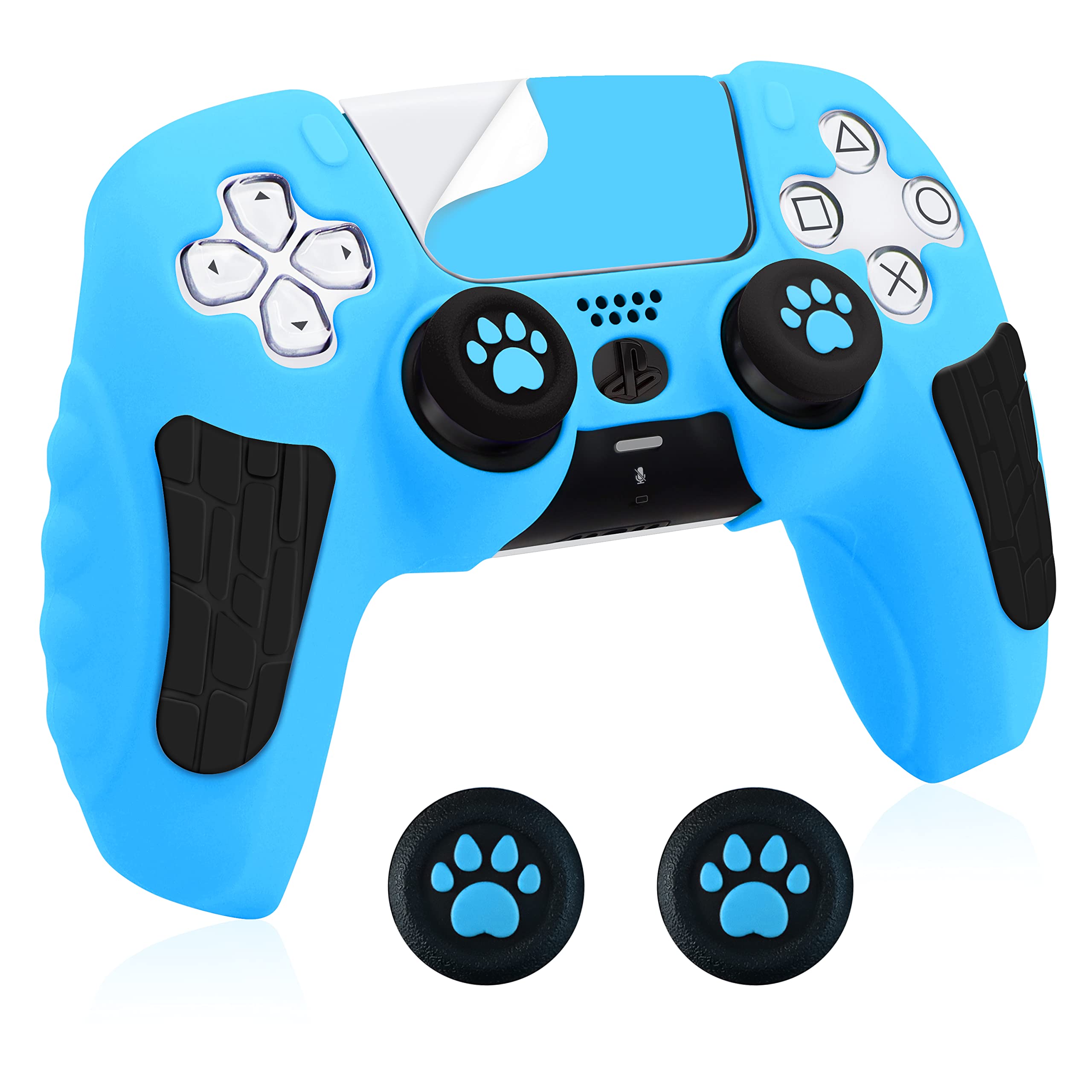 Silicone Skins Cover for PS5 Controller, Sweat-proof Protective Skin Shell Accessories Set with 2 Cute Cat Paw Joystick Thumb Grips Caps,Solid Protection and Good Grips(Blue)