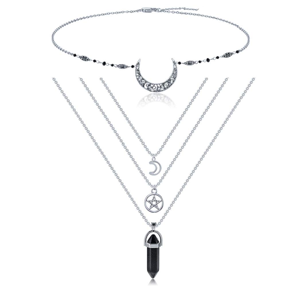 MJartoria Moon Pentagram Necklace with Headwear Pentacle Crystal Chakra Pendant Layered Necklaces for Women Choker Necklace Gothic Jewelry Goth Accessories (Dark Blue, Moon Pentagram)