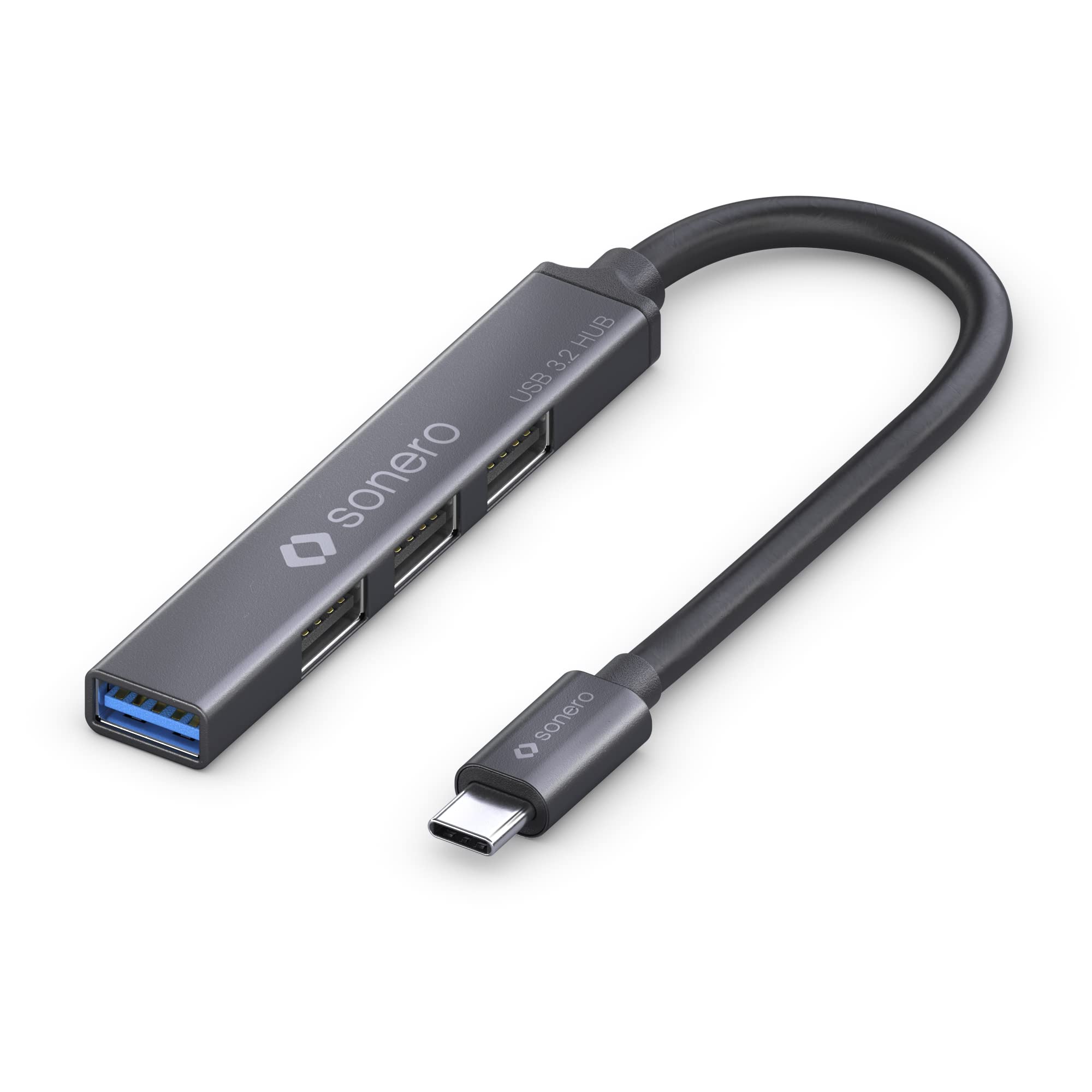 Sonero S-UH110-001 USB Hub, USB Distributor, 4-Port, 1x USB 3.2 with 5 GB/s, 3X USB 2.0 with 480 MB/s, USB-C Plug, Ultra Slim, Space Grey, 0.15 m