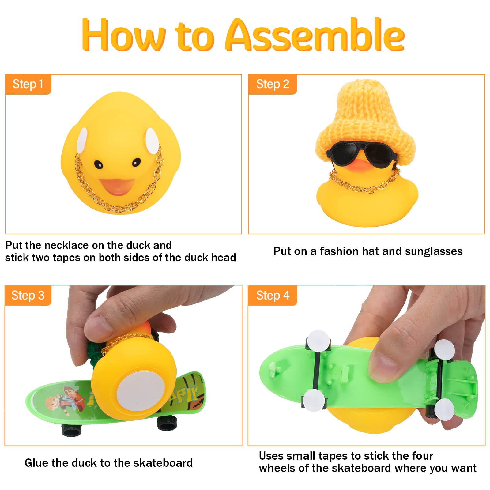 wonuu Car Duck Ornament Rubber Duck Car Dashboard Decoration for Car Dashboard Decoration Accessories with Mini Hat, Necklace, Sunglasses, Chair or Skateboard