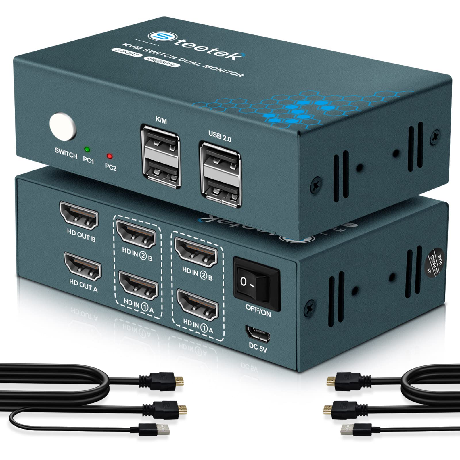 Steetek Dual Monitor KVM Switch 2 Port 4K@30Hz, HDMI KVM Switch Extended Display for 2 Computers Share 2 Monitors and 2 USB 2.0 Hub, Hotkey Switching, 4 HDMI and 2 USB Cables Included.